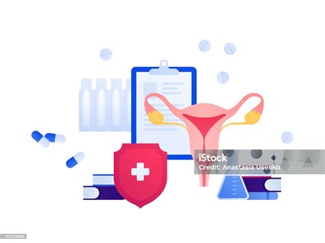 산부인과 및 여성 생식 시스템 연구 개념 벡터 플랫 의료 일러스트레이션 책 의학 자궁 알약 좌약 및 십자가 기호와 빨간 방패