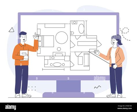 Team Of Interior Designers Man And Woman Near Computer Screen With Drawings Of Building