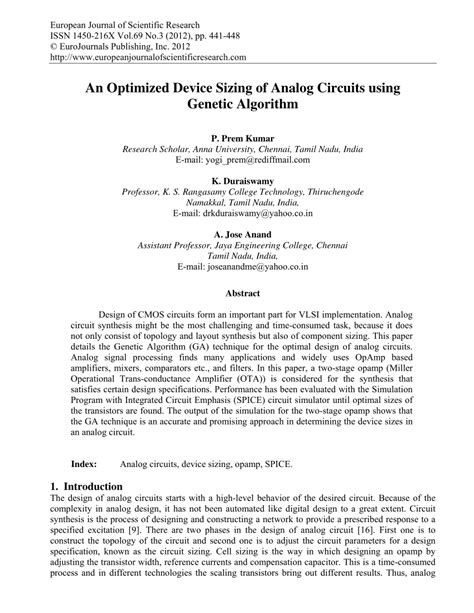 Pdf An Optimized Device Sizing Of Analog Circuits Using Genetic Algorithm