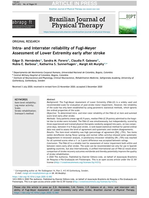 Pdf Intra And Interrater Reliability Of Fugl Meyer Assessment Of Lower Extremity Early After