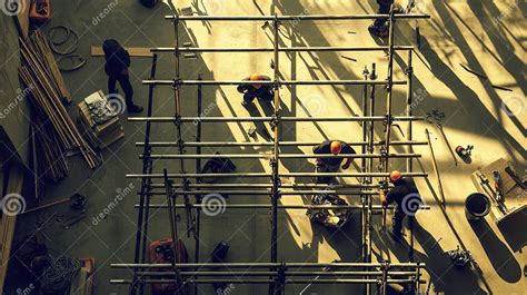 Construction Workers Assembling Scaffolding Indoors Stock Illustration