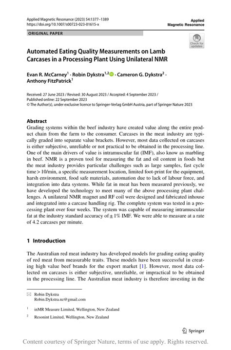 Automated Eating Quality Measurements On Lamb Carcases In A Processing Plant Using Unilateral