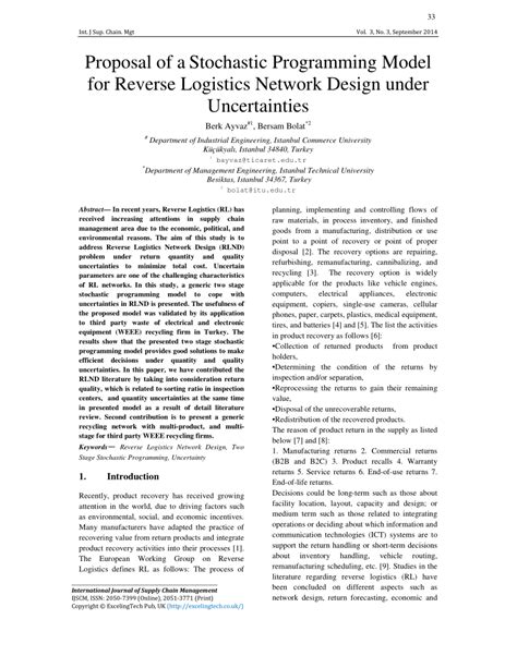 Pdf Proposal Of A Stochastic Programming Model For Reverse Logistics Network Design Under