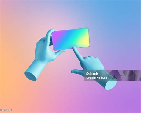 3d 렌더 블루 핸즈 홀드 카드 또는 컬러풀한 스마트폰 디지털 장치를 수평 위치에 놓습니다 바이올렛 핑크 파스텔 배경에 고립 된