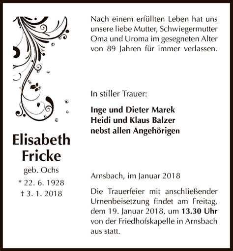 Traueranzeigen Von Elisabeth Fricke Trauer Hna De