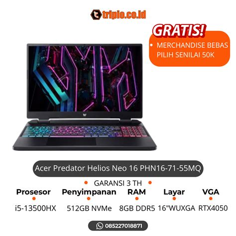 Jual Acer Predator Helios Neo 16 Phn16 71 55mq I5 13500hx 8gb 512gb Rtx4050 Di Seller Tripio