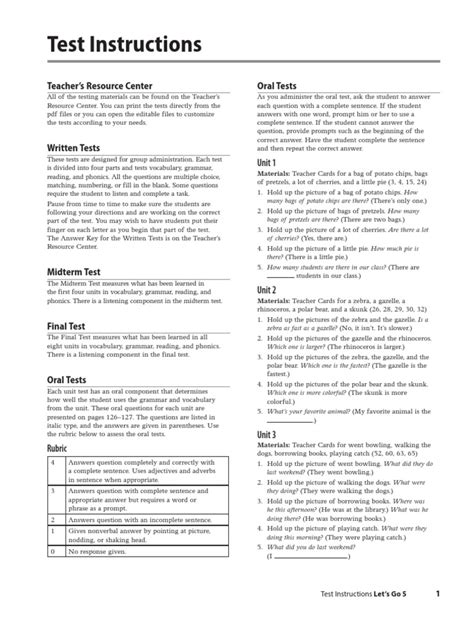 Test Instructions Teachers Resource Center Oral Tests Pdf Phonics