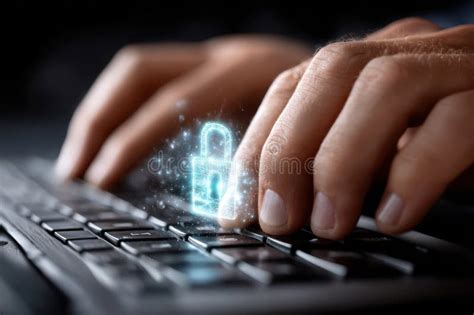 Hands Typing On Keyboard With Digital Lock Symbol Representing