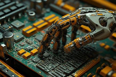 A Highresolution Image Of A Robotic Hand Assembling A Complex Circuit Board Premium Ai