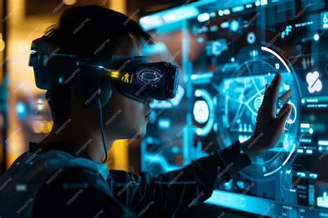 premium photo a man wearing a virtual reality headset interacting