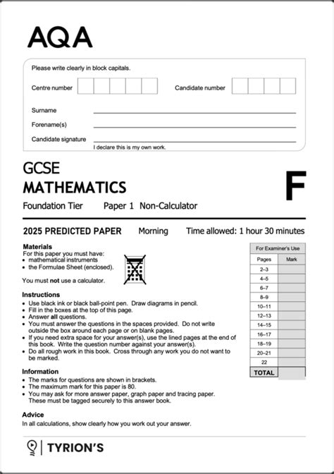 Aqa Gcse Mathematics Foundation 2025 Predicted Papers 8300 Tyrions
