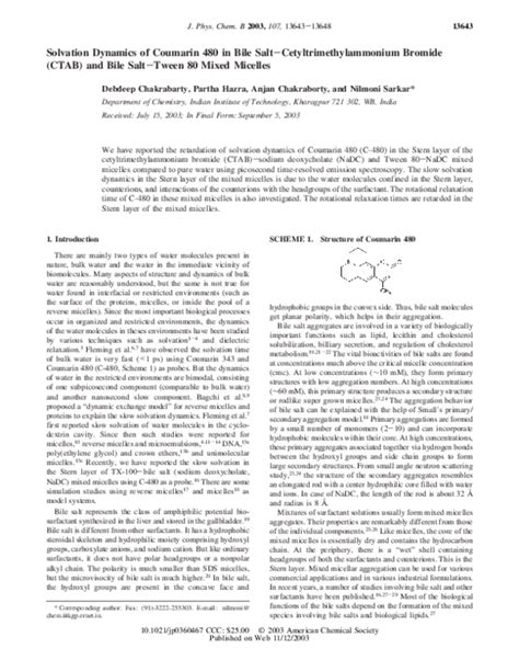 Pdf Solvation Dynamics Of Coumarin 480 In Bile Salt−cetyltrimethylammonium Bromide Ctab And
