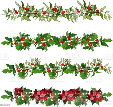 흰색 배경에 겨우살이 홀리와 포인세티아에서 크리스마스 장식품의 집합입니다 일러스트레이터용 벡터 브러시입니다 프레임에 대한 스톡