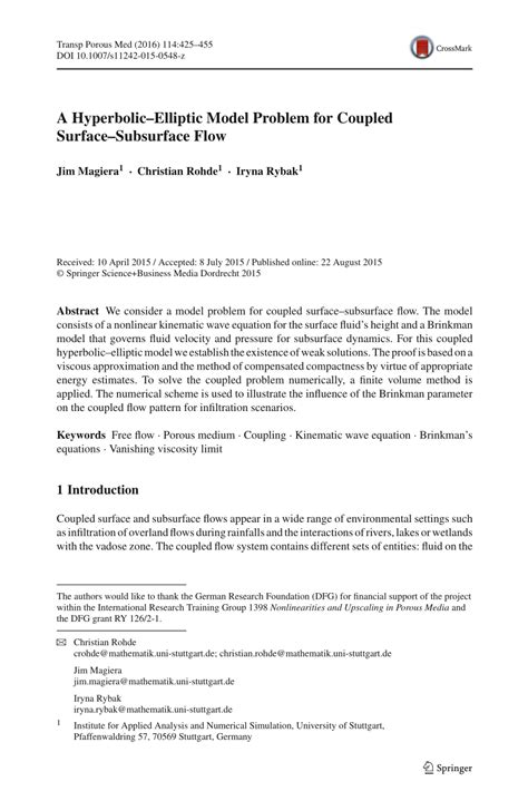 Pdf A Hyperbolic Elliptic Model Problem For Coupled Surface Subsurface Flow