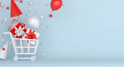 인도네시아 의 해피 독립 기념일 장식 배경 배너 템플릿 전단지 트롤리 카트 풍선 별과 리본 선물 상자 파란색에 파티 모자 콘 색종이 복사 공간 3d 일러스트 17에 대한