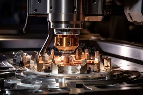 Precision Cnc Milling Machine Crafting Intricate Metal Design With Sparks In Machining Process