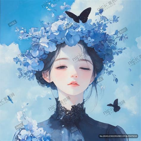 Ai创作图梦幻唯美蓝色系少女 蓝色女孩插画 捧花蓝的女孩插画 插画梦幻女孩 唯美意境少女插画 仙气女孩插画 唯美少女与花系列 蓝色系女孩手绘