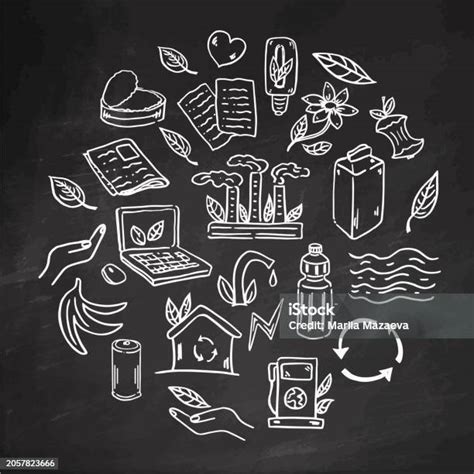 생태학의 집합입니다 원 안의 요소 손으로 그린 낙서 벡터 그림 칠판 배경 생태 문제 재활용 및 녹색 에너지 아이콘 환경 기호 개념에 대한 스톡 벡터 아트 및 기타 이미지