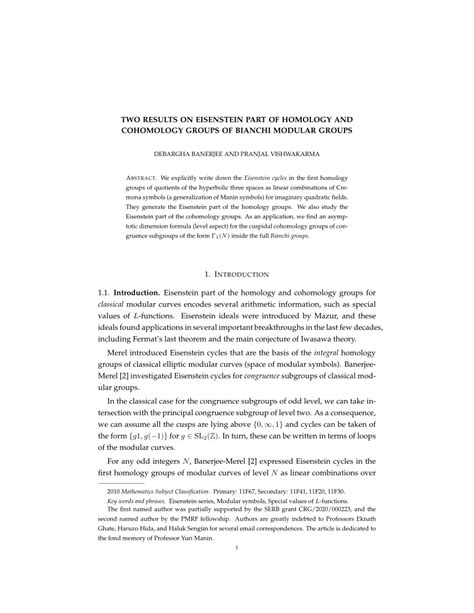 Pdf Two Results On Eisenstein Part Of Homology And Cohomology Groups Of Bianchi Modular Groups