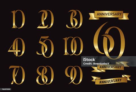기념일 로고 타입과 골드 리본 세트 소책자 전단지 잡지 브로셔 포스터 웹 초대장 또는 인사말 카드를위한 황금 기념일 축하 엠블럼 디자인 벡터 그림입니다 벡터 로고에 대한