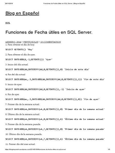 Funciones De Fecha Útiles En Sql Server Blog En Español Pdf