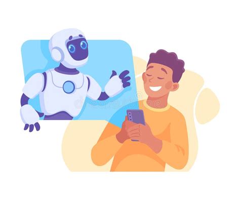 Man Use Smartphone App With Robot Character As Smart Android Assistant Machine Vector