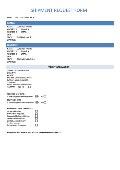 Shipment Request Form Printable Pdf Download
