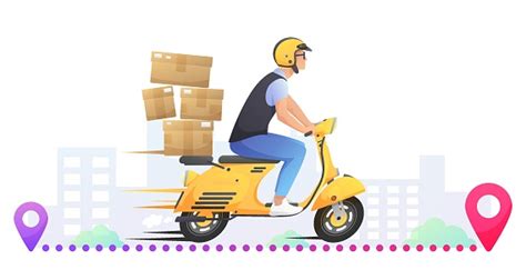 노란색 빠른 복고풍 배달 오토바이 스쿠터 택배 및 상자를 통해 도시를 통해 흰색에 보라색과 빨간색 핀이 있습니다 디자인 전단지 포스터 배너 웹 광고에 대 한 벡터 일러스트