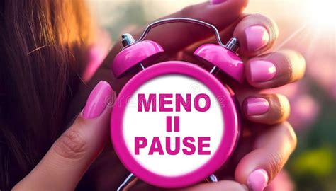 Hands Of Woman Holding An Alarm Clock With Pause Symbol And Text Menopause Generative Ai Stock