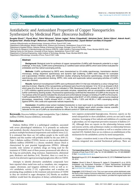 Pdf Antidiabetic And Antioxidant Properties Of Copper Nanoparticles Synthesized By Medicinal