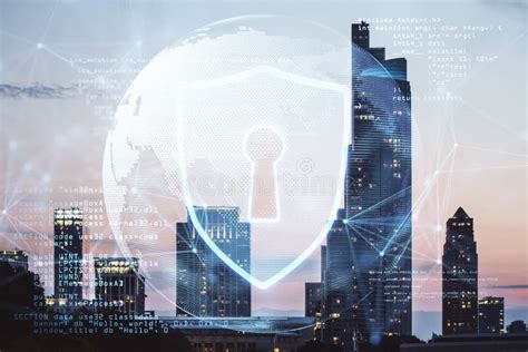 Creative Safety Hologram With Globe And Coding On Blurry Night City And