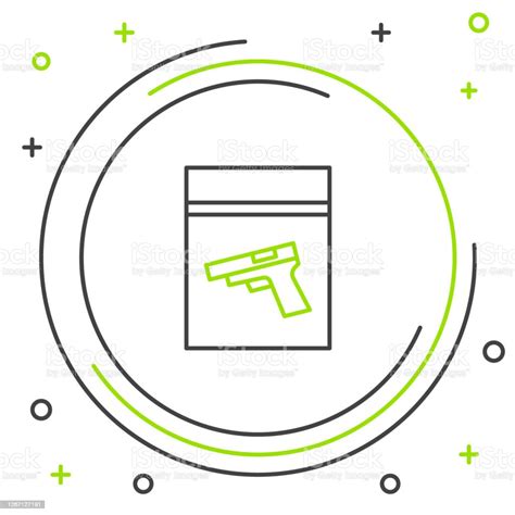 흰색 배경에 고립 된 라인 증거 가방과 권총 또는 총 아이콘 다채로운 개요 개념 벡터 Criminal Investigation에 대한 스톡 벡터 아트 및 기타 이미지