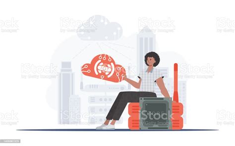 Iot 개념 그 남자는 라우터에 앉아서 사물 인터넷 로고를 손에 쥐고 있습니다 트렌디 한 평면 스타일의 벡터 일러스트레이션 5g에 대한 스톡 벡터 아트 및 기타 이미지