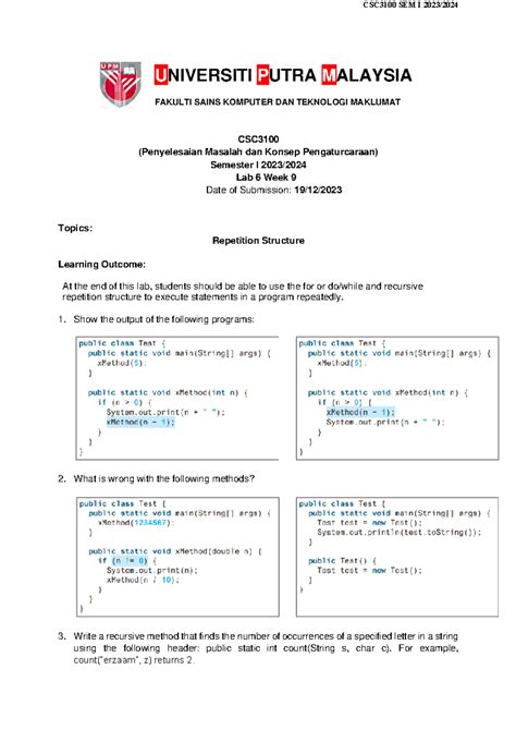 CSC3100 Lab6 Week9 Loops CSC3100 SEM I 2023 UNIVERSITI PUTRA MALAYSIA FAKULTI SAINS