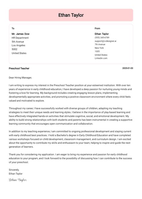 10 Preschool Teacher Cover Letter Examples And Templates For 2025