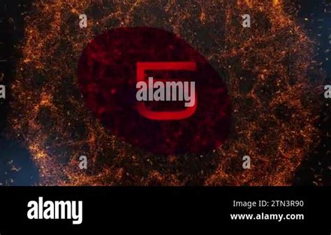 Five Seconds Countdown Timer With Abstract Fire Burst And Glow Particle On Space Warp Universe