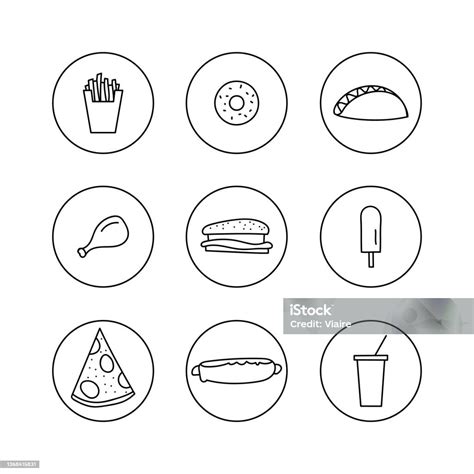 선형 스타일의 흰색 배경에 패스트 푸드 제품의 세트 메뉴 나 광고 전단지 등에 사용할 수 있습니다 타코 핫도그 피자 햄버거 감자 튀김 도넛 아이스크림 닭고기 탄산음료 감자