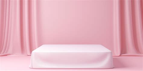 White Rectangular Pedestal On A Pink Satin Fabric Background With Copy