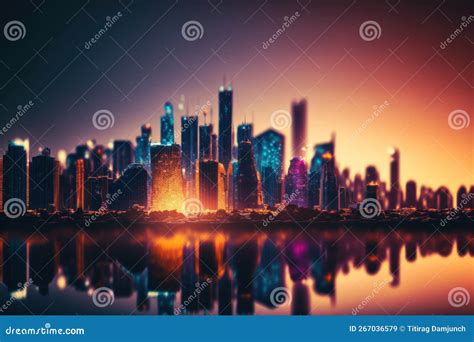 City Skyline With Network Data Conection On Bokeh Sunset Background