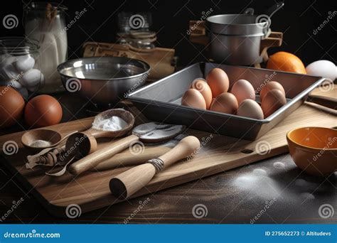 Baking Tools And Equipment On A Wooden Tray With Ingredients In The