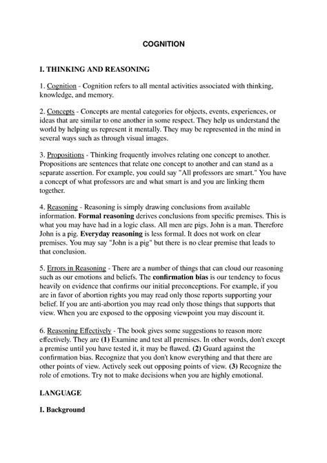 Cognition Lecture Notes Cognition I Thinking And Reasoning 1