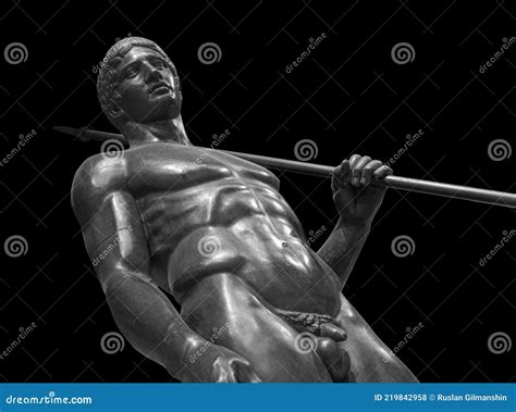 Ancient Naked Strong Man Sculpture Young Male Athlete With Spear