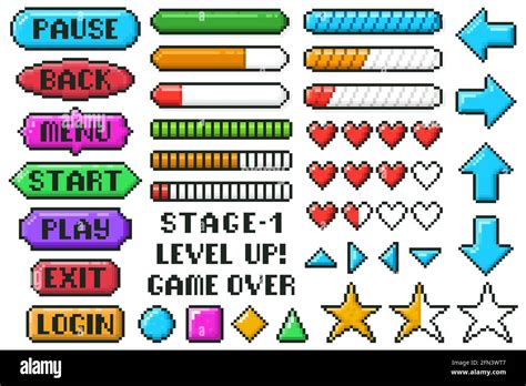 Pixel Game Menu Buttons Game 8 Bit Ui Controller Arrows Level And Live Bars Menu Stop Play