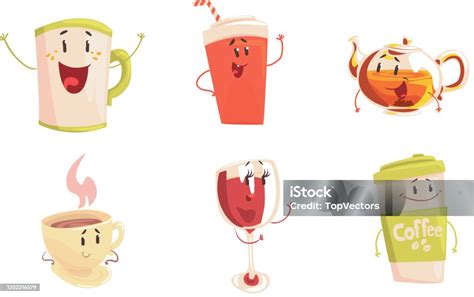 재미 음료 만화 캐릭터 컬렉션 콜라 차 커피 컵 와인 잔 귀여운 음료 카페 레스토랑 메뉴 디자인 요소 벡터 일러스트 귀여운에 대한 스톡 벡터 아트 및 기타 이미지 Istock