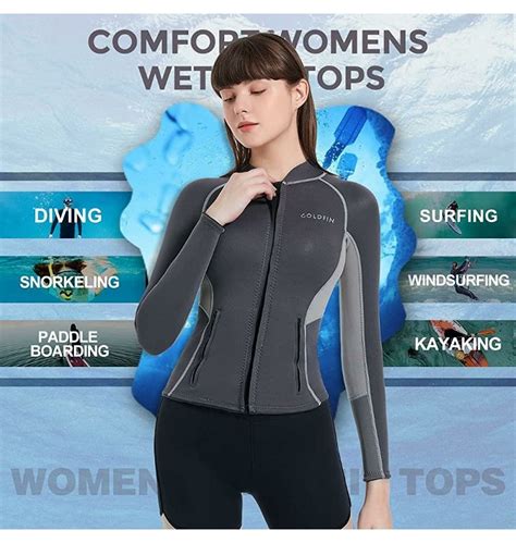 GoldFin 여성용 잠수복 상의 mm 네오프렌 재킷 긴소매 상의 지퍼 포켓 포함 수상 에어로빅 다이빙 티몬