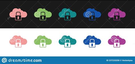 Set Cloud Computing Lock Icon Isolated On Black And White Background Security Safety