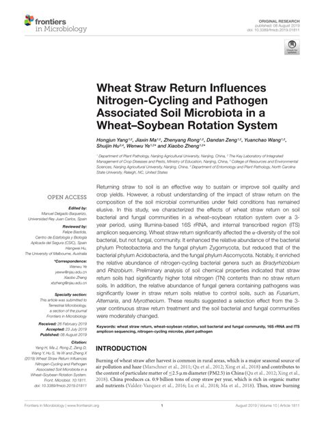 Pdf Wheat Straw Return Influences Nitrogen Cycling And Pathogen