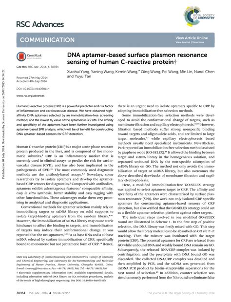 Pdf Dna Aptamer Based Surface Plasmon Resonance Sensing Of Human C Reactive Protein