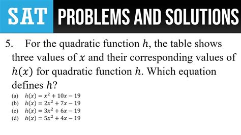 5 For The Quadratic Function H The Table Shows Three Values Of X And Their Corresponding
