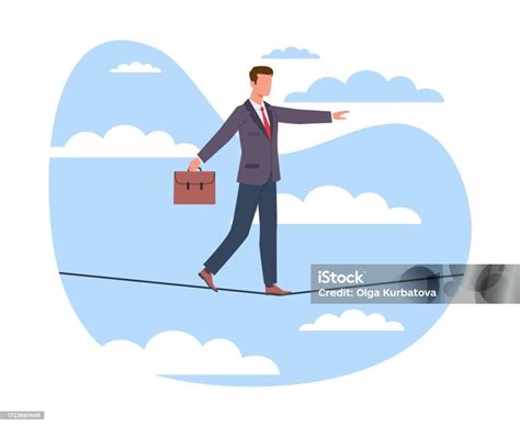 사업가는 줄타기 사업 위험의 개념을 걷는다 밧줄을 타고 걷는 남자 성취 용기 및 용기의 상징 역경 극복 문제 해결 벡터 만화 평면 그림 줄타기 밧줄에 대한 스톡 벡터 아트